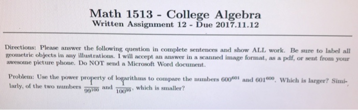 Solved Math 1513 College Algebra Written Assignment 12 Due | Chegg.com