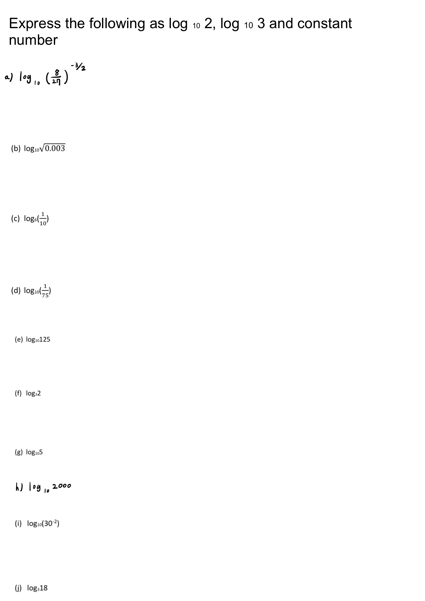 Express the following as log102, log103 and constant | Chegg.com