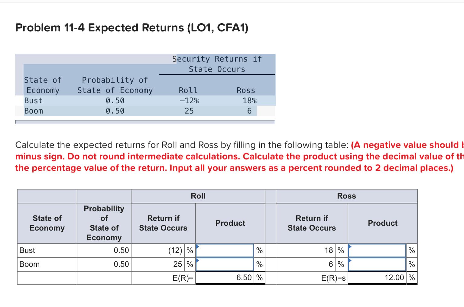 Solved Problem 11-4 Expected Returns (L01, CFA1) Security | Chegg.com