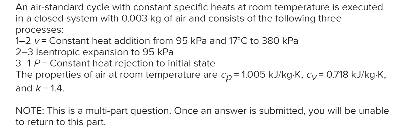 Solved An air-standard cycle with constant specific heats at | Chegg.com
