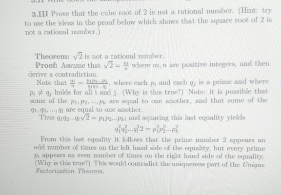 Solved 3.III Prove that the cube root of 2 is not a rational | Chegg.com