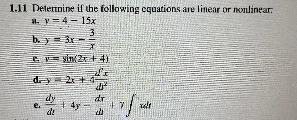 Solved 1.11 Determine if the following equations are linear | Chegg.com