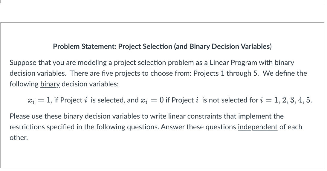 Solved Problem Statement: Project Selection (and Binary | Chegg.com