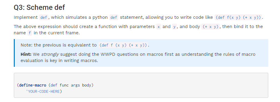 Q3: Scheme def Implement def, which simulates a | Chegg.com