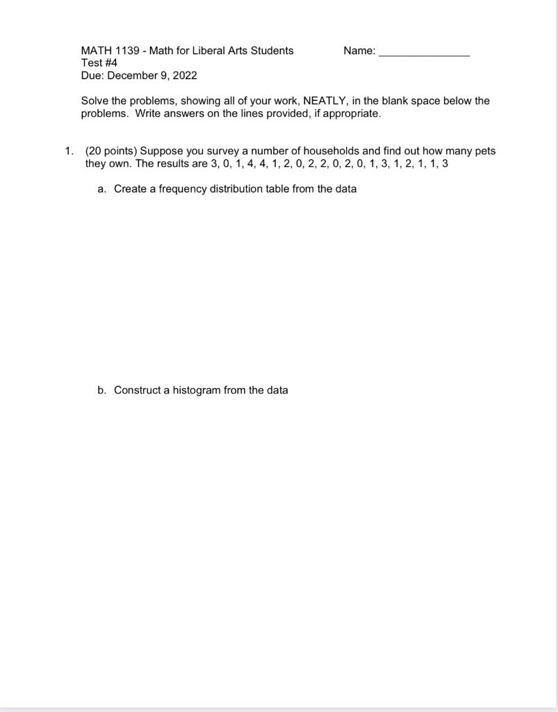 Solved MATH 1139 - Math for Liberal Arts Students Name: Test | Chegg.com