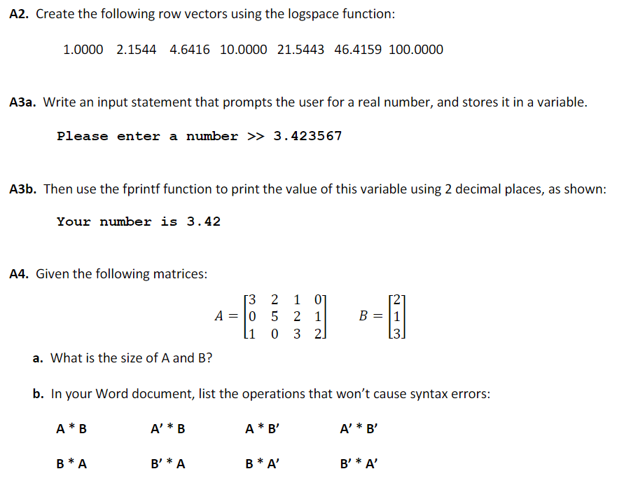 Solved A2. Create the following row vectors using the | Chegg.com