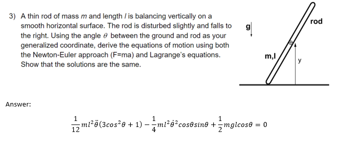 Solved 3) A thin rod of mass m and length / is balancing | Chegg.com