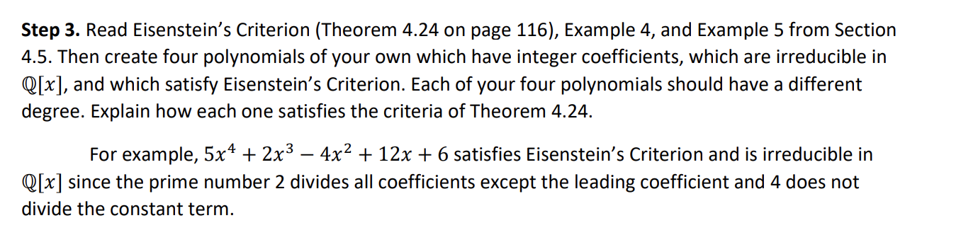 Solved Step 3. Read Eisenstein's Criterion (Theorem 4.24 on | Chegg.com