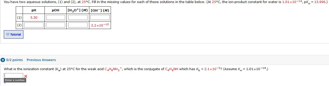 Solved You have two aqueous solutions, (1) and (2), at 25°C. | Chegg.com