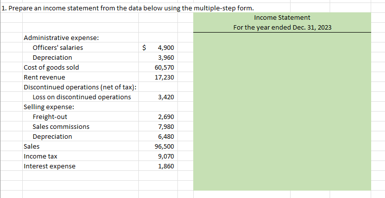 Solved 1. Prepare an income statement from the data below | Chegg.com