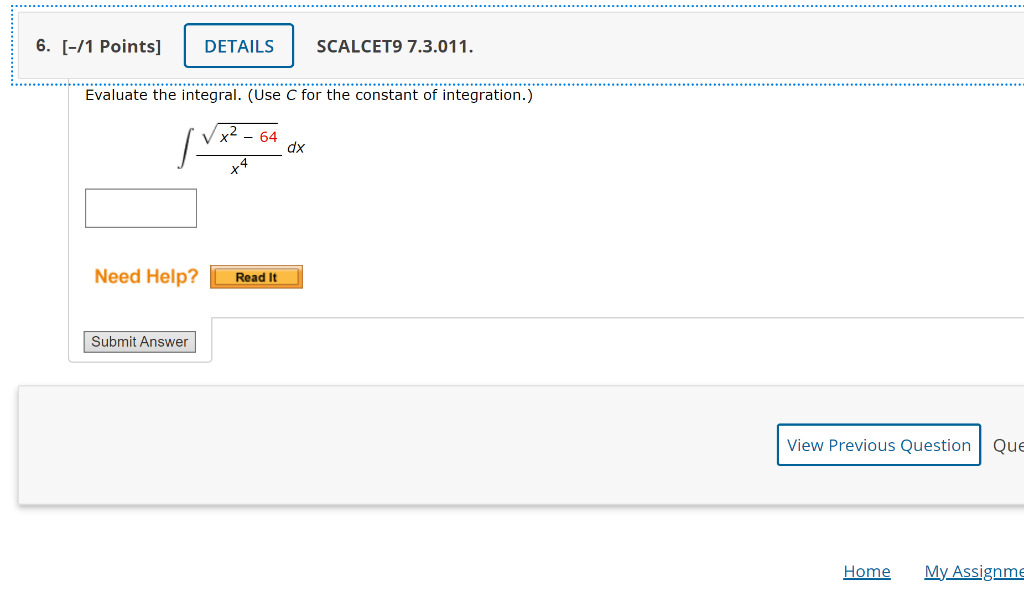 Solved 6. [-/1 Points] DETAILS SCALCET9 7.3.011. | Chegg.com