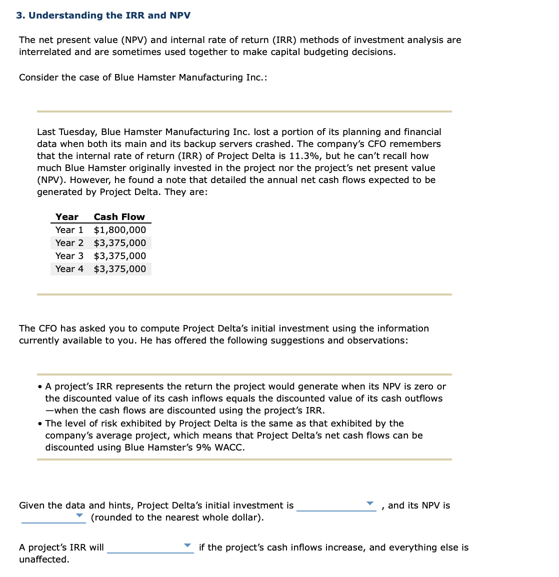 Solved 3. Understanding the IRR and NPV The net present | Chegg.com