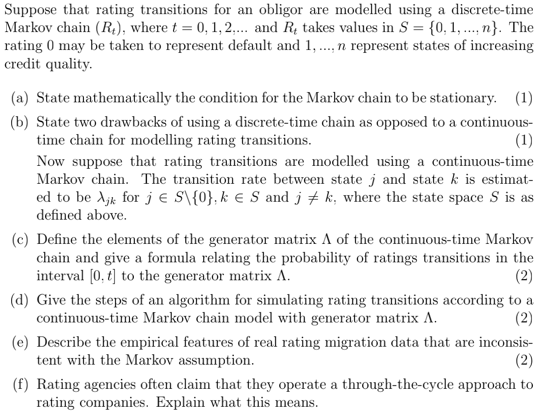 Suppose that rating transitions for an obligor are | Chegg.com
