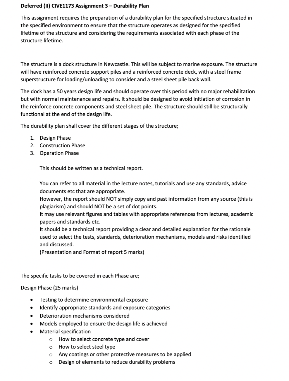 Deferred (II) CIVE1173 Assignment 3 - Durability Plan | Chegg.com