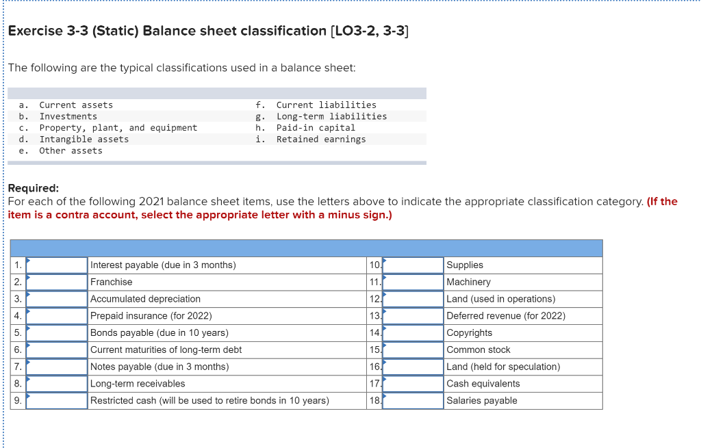 Solved Exercise 3-3 (Static) Balance sheet classification | Chegg.com