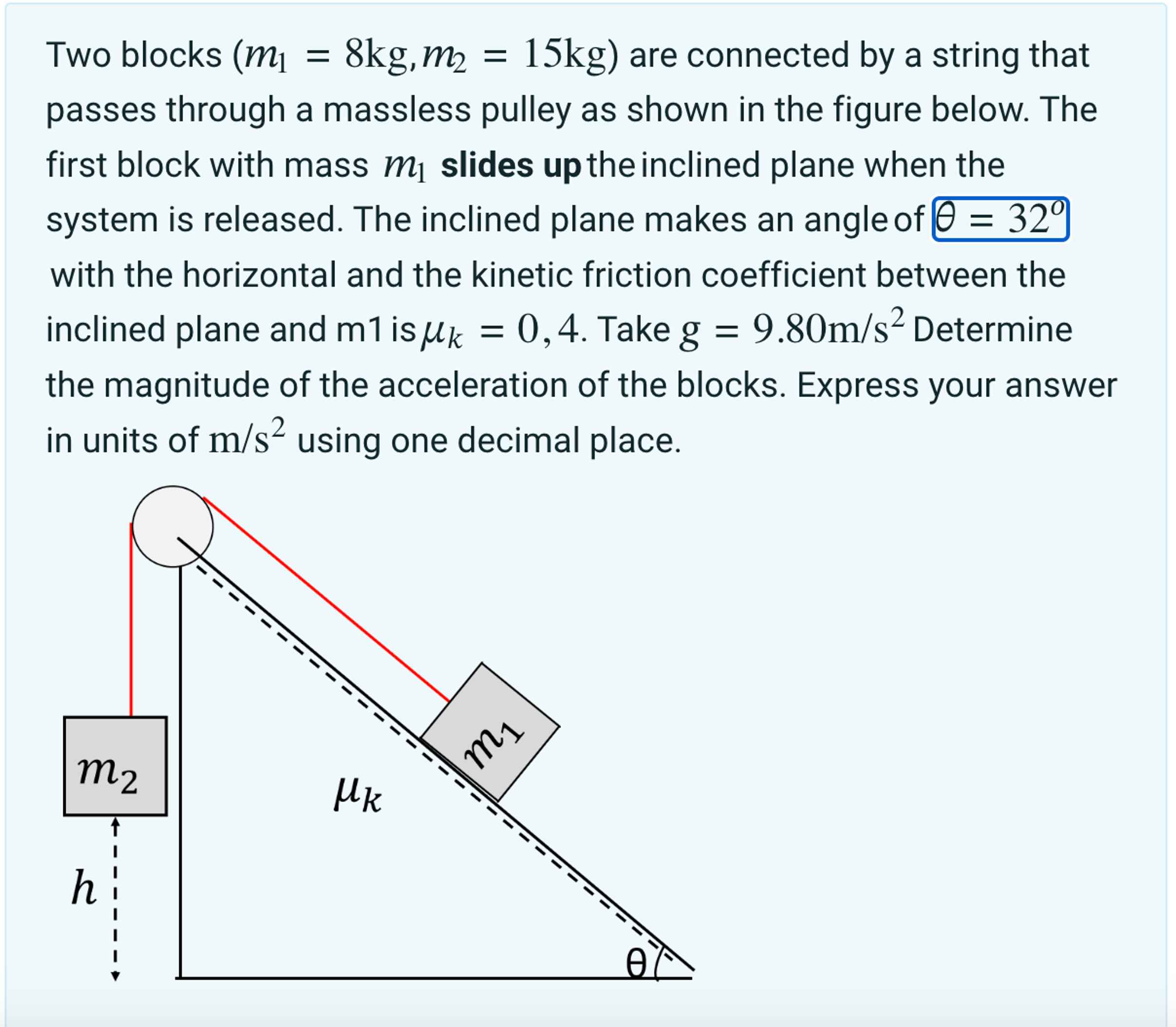 Solved Two blocks (m1=8(kg),m2=15(kg)) ﻿are connected by a | Chegg.com