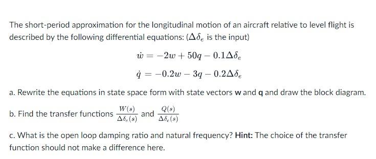 The short-period approximation for the longitudinal | Chegg.com