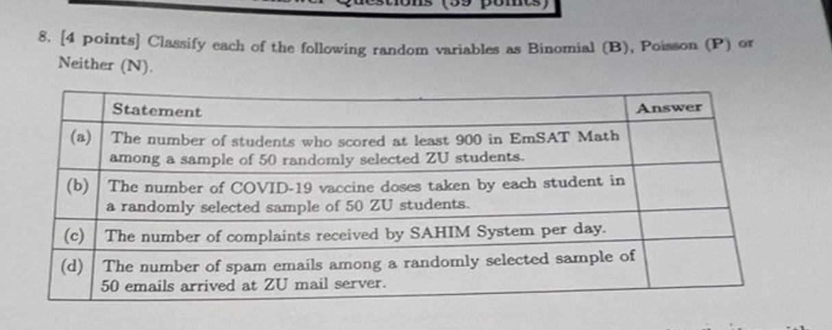 Solved 8. [4 points] Classify each of the following random | Chegg.com