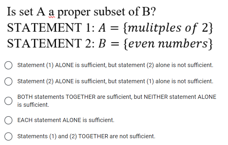 Solved Is set A a proper subset of B ? STATEMENT 1: A={ | Chegg.com