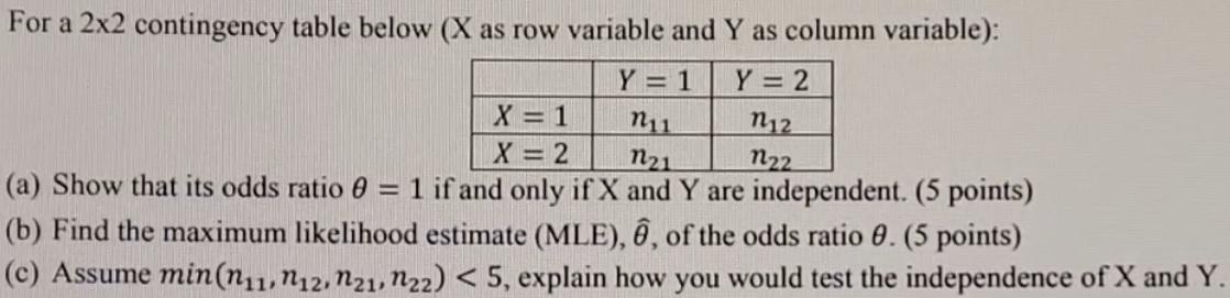 Solved n12 For a 2x2 contingency table below (X as row | Chegg.com