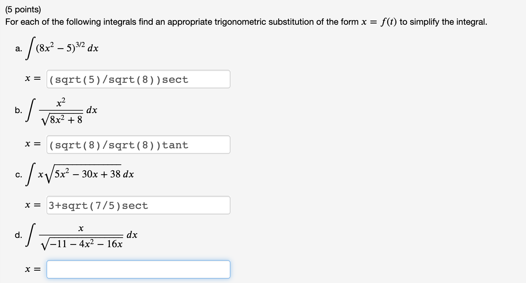 Solved (5 points) For each of the following integrals find | Chegg.com