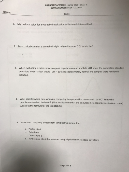 Solved BUSINESS STATISTICS II-Spring 2018-EXAM 1 COURSE | Chegg.com