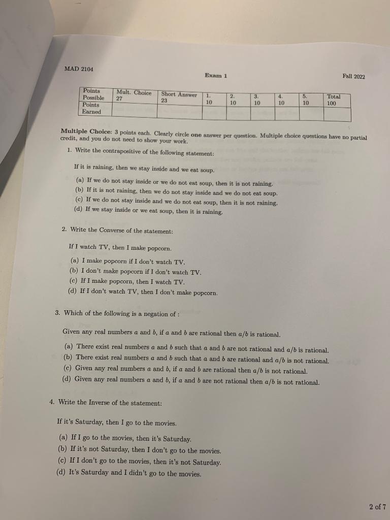Solved Multiple Choice: 3 points each. Clearly circle one | Chegg.com