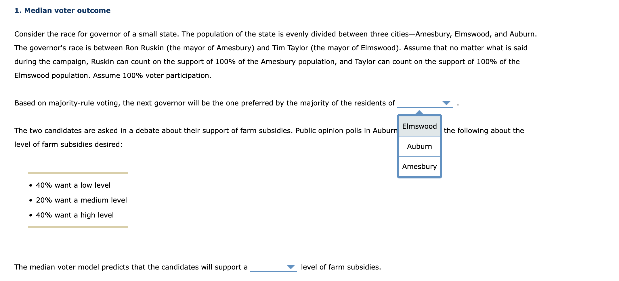 Solved 1. Median voter outcome Consider the race for | Chegg.com
