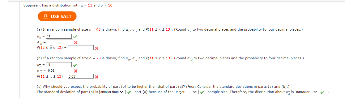 Solved Suppose x has a distribution with μ=11 and σ=10. (a) | Chegg.com