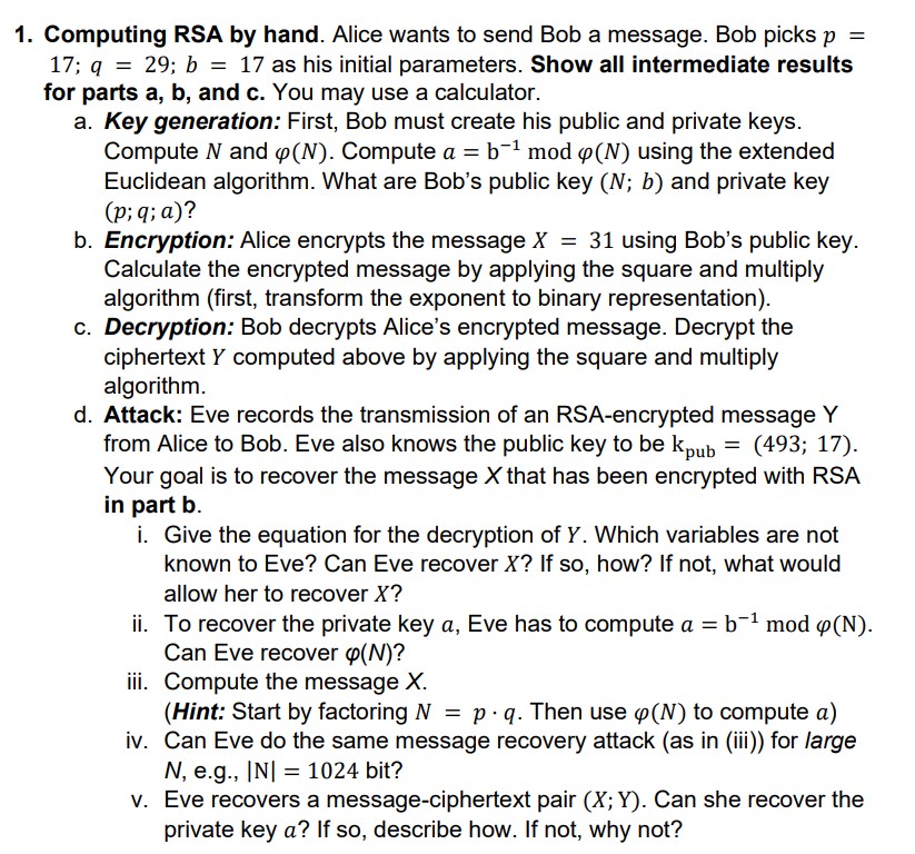 Solved Computing RSA by hand. Alice wants to send Bob a | Chegg.com