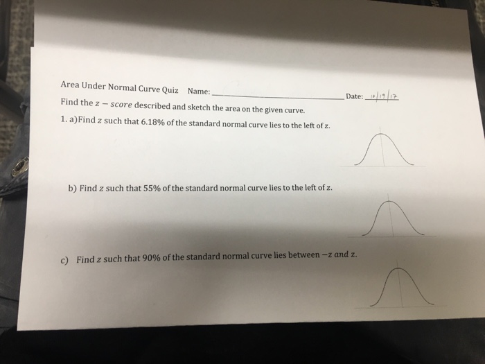 Solved Area Under Normal Curve Quiz Name: Find the z - score | Chegg.com
