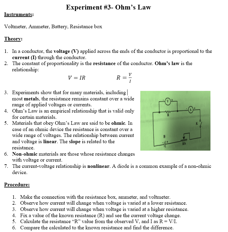 Solved Experiment \#3-Ohm's Law Instruments: Voltmeter, | Chegg.com