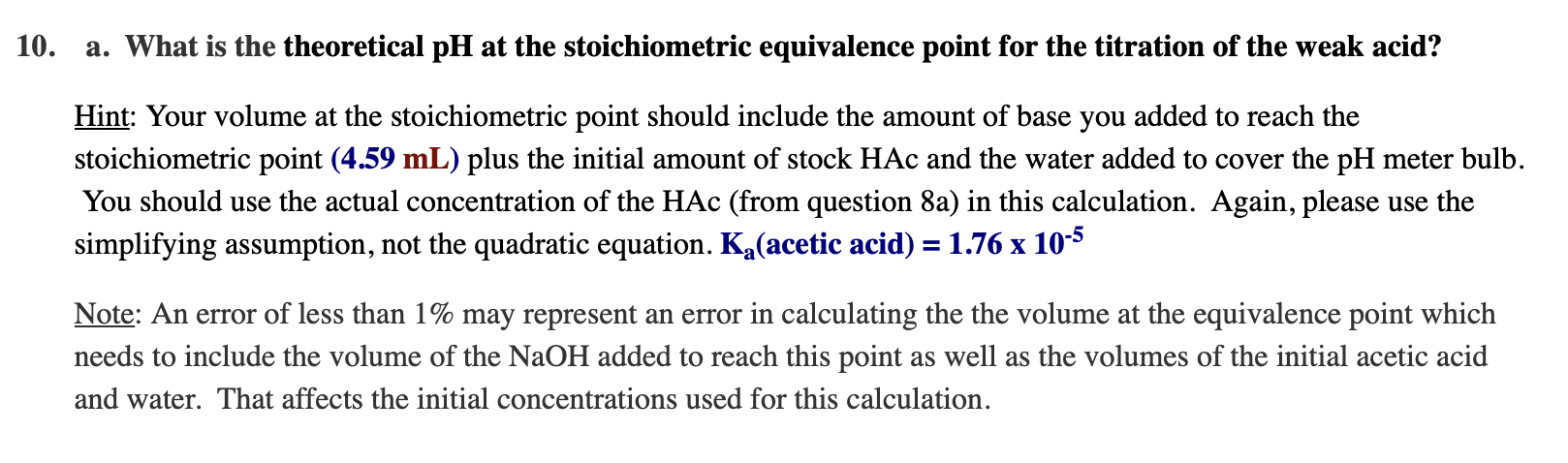 Solved 10. a. What is the theoretical pH at the | Chegg.com
