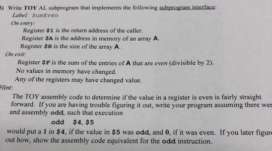 5) Write TOY AL subprogram that implements the | Chegg.com