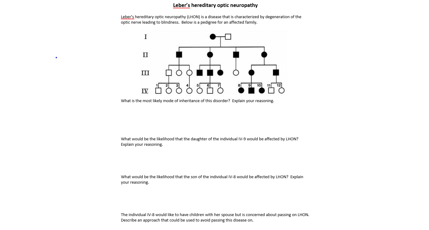 Solved Leber's hereditary optic neuropathy Leber's | Chegg.com