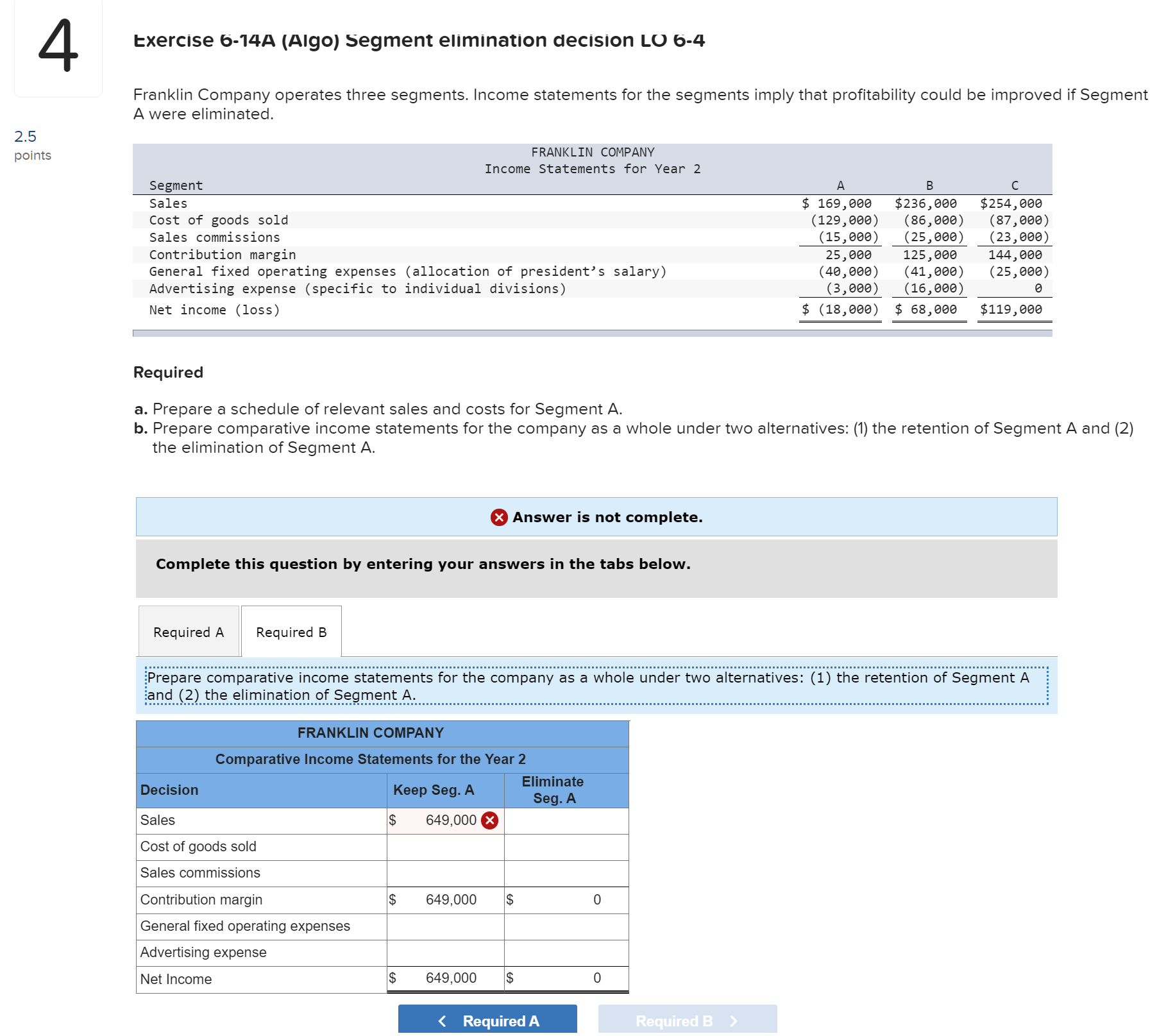 Solved 4 Exercise 6-14A (Algo) Segment elimination decision | Chegg.com