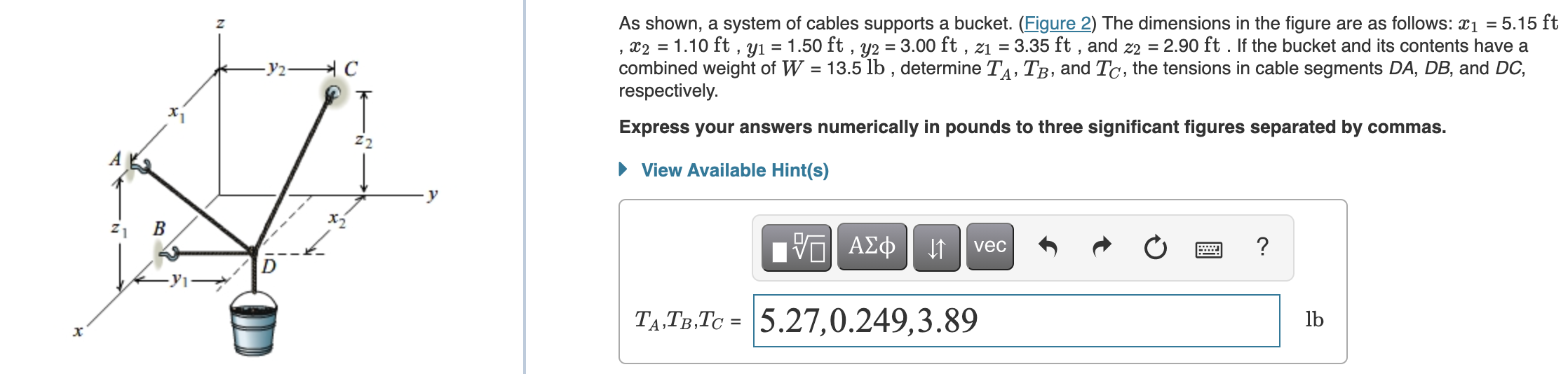 Solved Z -Y-C As shown, a system of cables supports a | Chegg.com