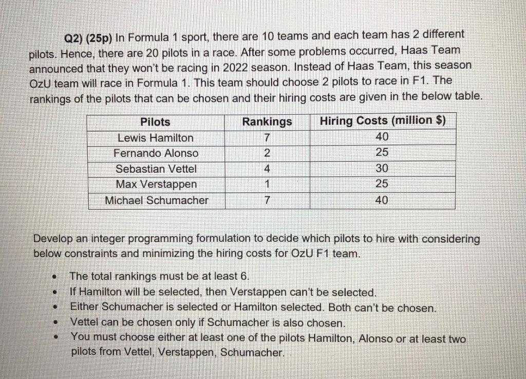 Q2) (25p) In Formula 1 sport, there are 10 teams and | Chegg.com