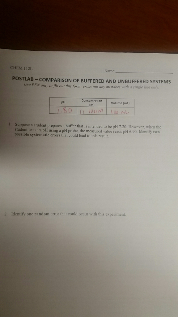 Solved CHEM 112L Name: POSTLAB - COMPARISON OF BUFFERED AND | Chegg.com
