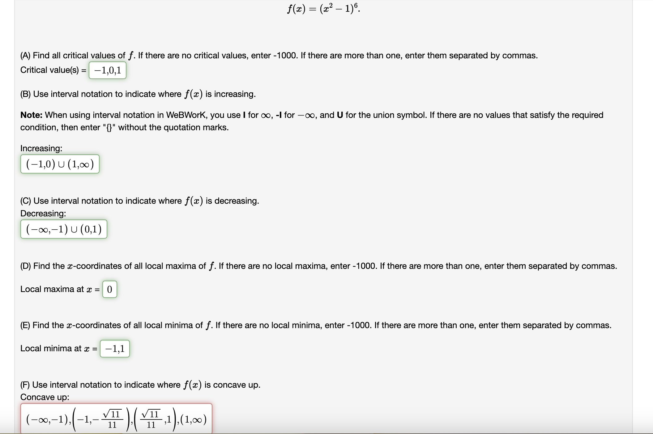 Solved whats wrong with my answer f(x)=(x2-1)6.(A) ﻿Find all | Chegg.com