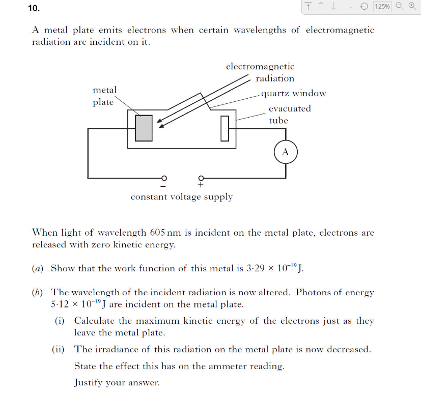 Solved 10 01255 Q Q A metal plate emits electrons when | Chegg.com