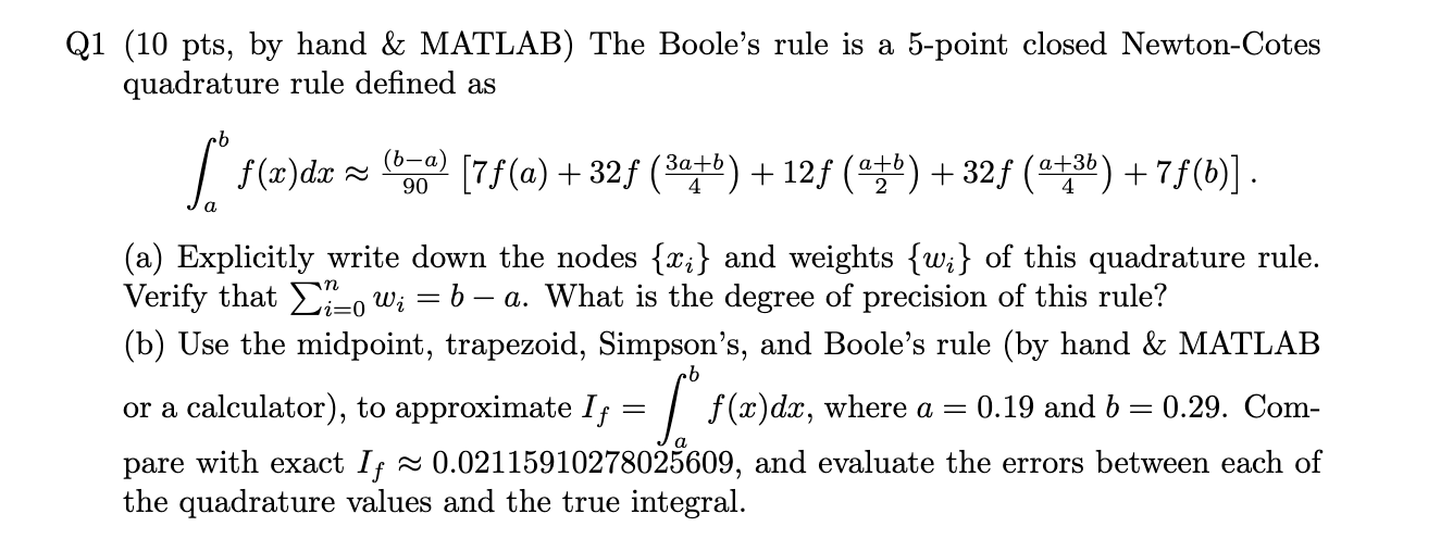 Solved Q1 (10 ﻿pts, ﻿by hand & MATLAB) ﻿The Boole's rule is | Chegg.com