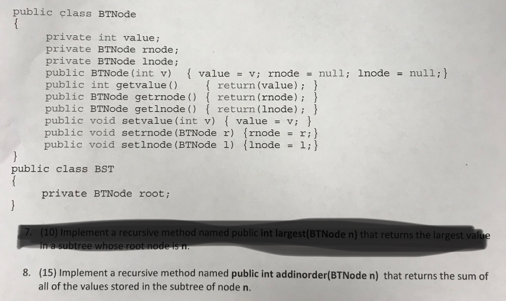 Solved public class BTNode private int value; private BTNode | Chegg.com
