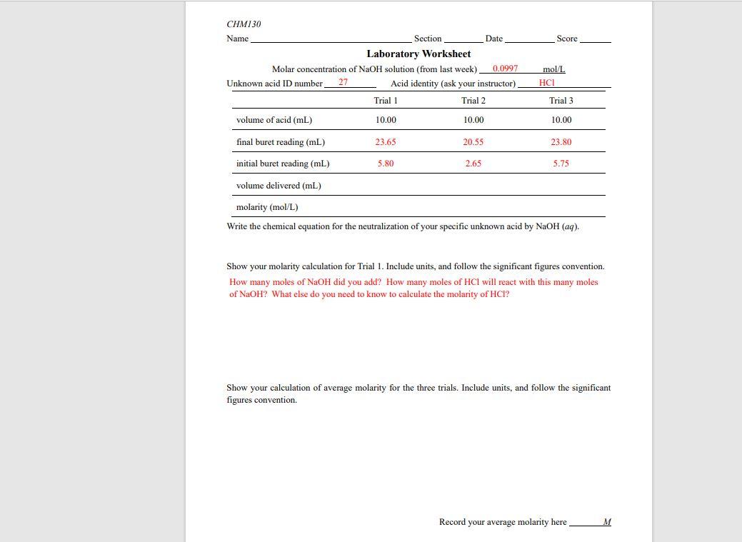 Solved Score CHM130 Name Section Date Laboratory Worksheet | Chegg.com