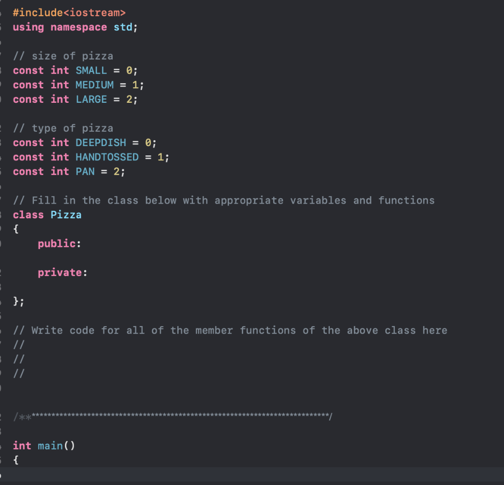 Solved Fill in the code below for a class named Pizza and | Chegg.com