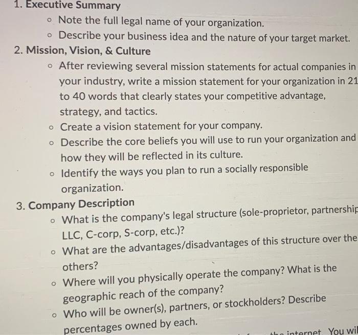 Solved 1. Executive Summary - Note the full legal name of | Chegg.com