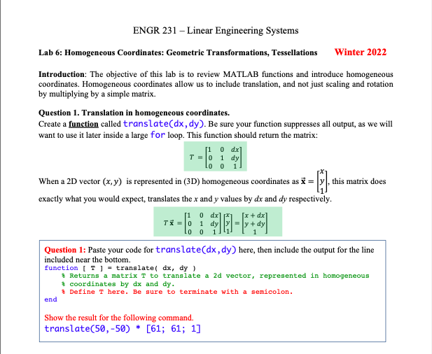 Solved ENGR 231 - Linear Engineering Systems Lab 6: | Chegg.com