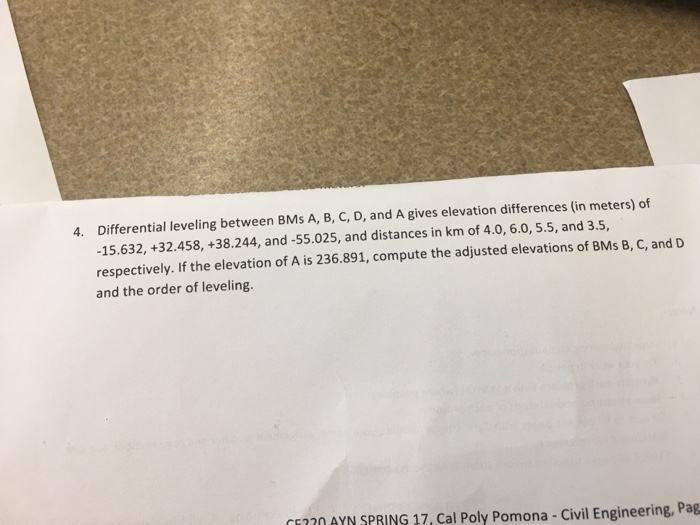 Solved Differential leveling between BMs A, B, C, D, and A | Chegg.com
