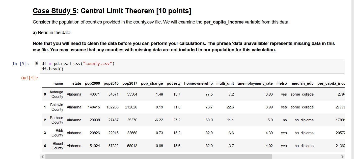 Solved Case Study 5: Central Limit Theorem [10 points] | Chegg.com