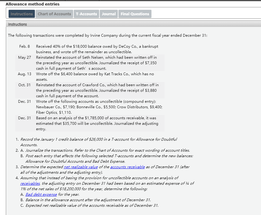 Solved Allowance method entries Instructions Chart of | Chegg.com